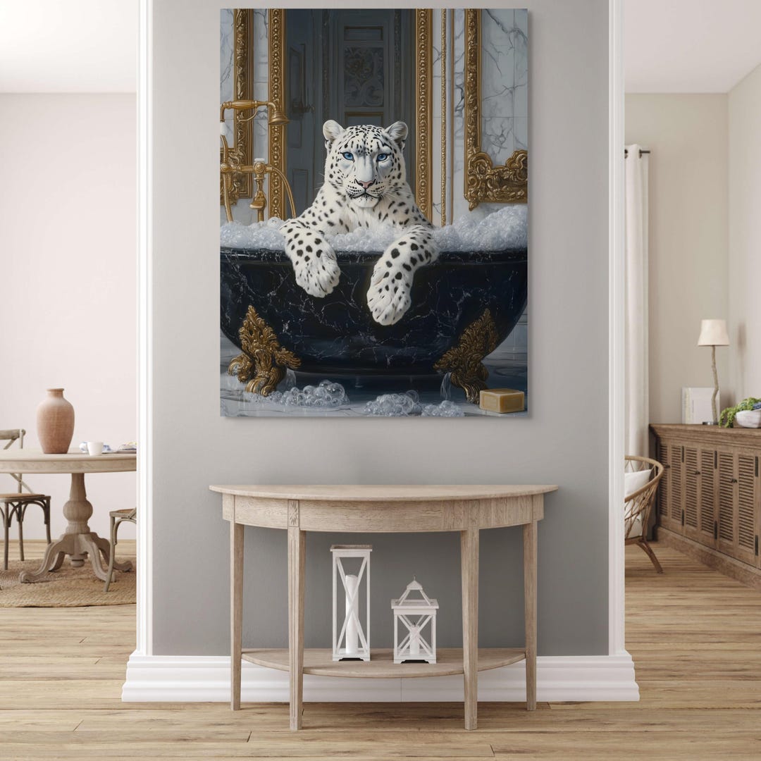 Luxury Snow Leopard Canvas Wall Art, Elegant Realistic Leopard Canvas ...
