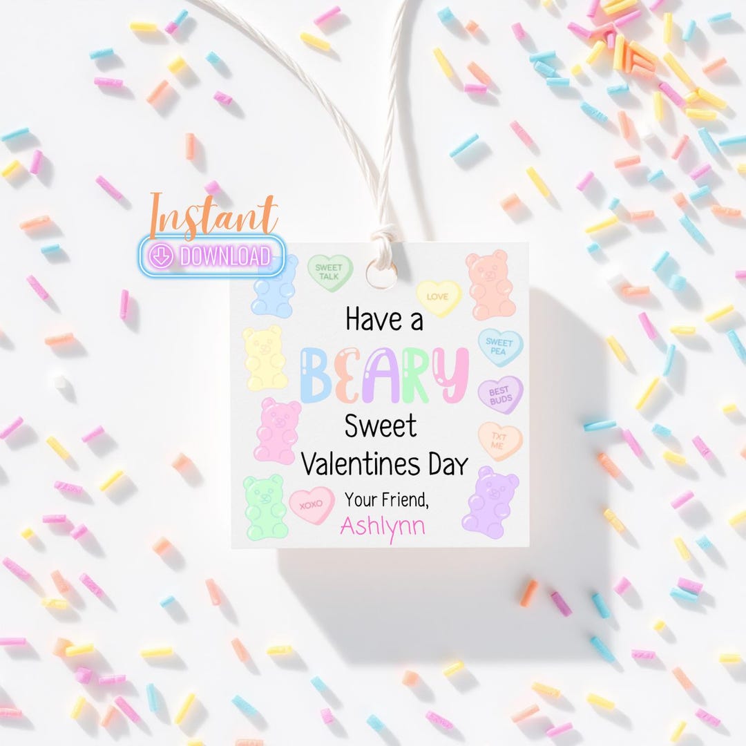 Pastel Valentine Gift Tag Printable | Gummy Bear & Conversation Heart ...