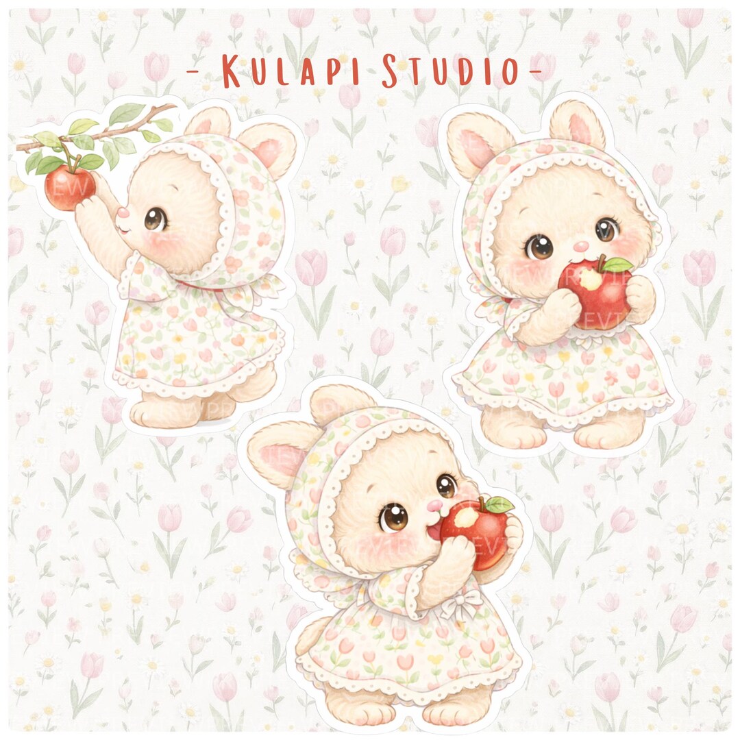 Cute Bunny Apple PNG Bundle, Spring Bunny Clipart Set, Kawaii Easter ...