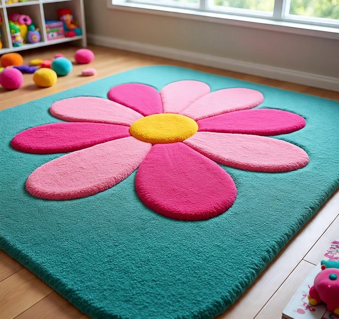 Handmade Tufted Daisy Flower Area Rug: Pink & Teal Kids Playroom Carpet ...