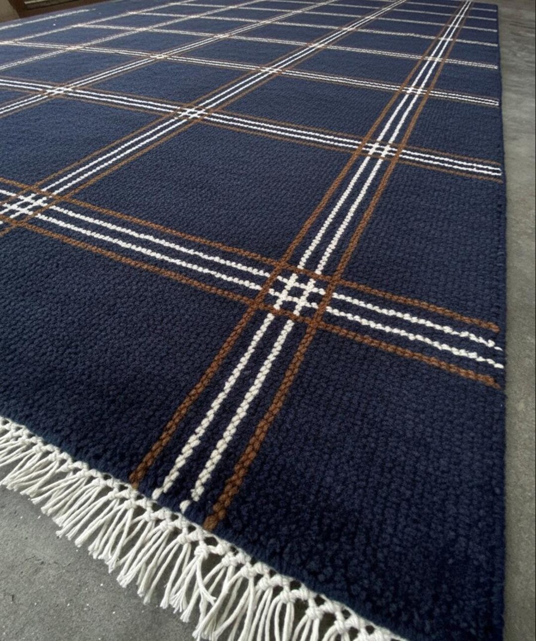 Hand Knotted Navy Blue Plaid Wool Rug Luxury Checkered Area Carpet - Etsy