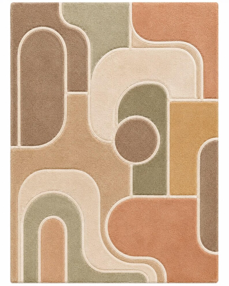 Hand Tufted Abstract Geometric Rug, Neutral Beige Green Terracotta ...