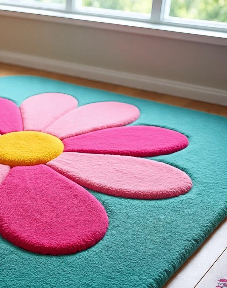 Handmade Tufted Daisy Flower Area Rug: Pink & Teal Kids Playroom Carpet ...