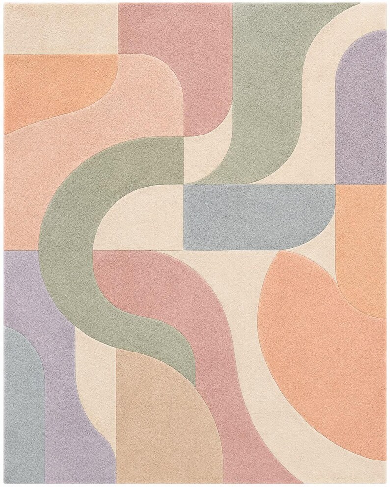 Hand-tufted Wool Area Rug, Abstract Geometric Curved Shapes, Soft ...