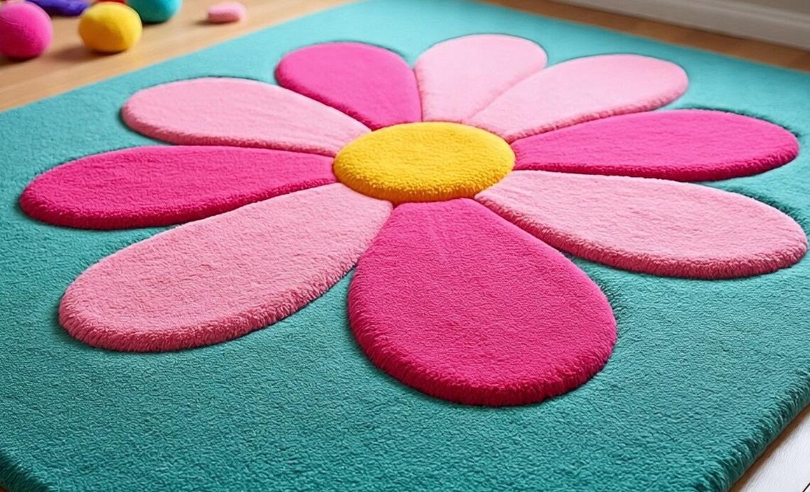 Handmade Tufted Daisy Flower Area Rug: Pink & Teal Kids Playroom Carpet ...