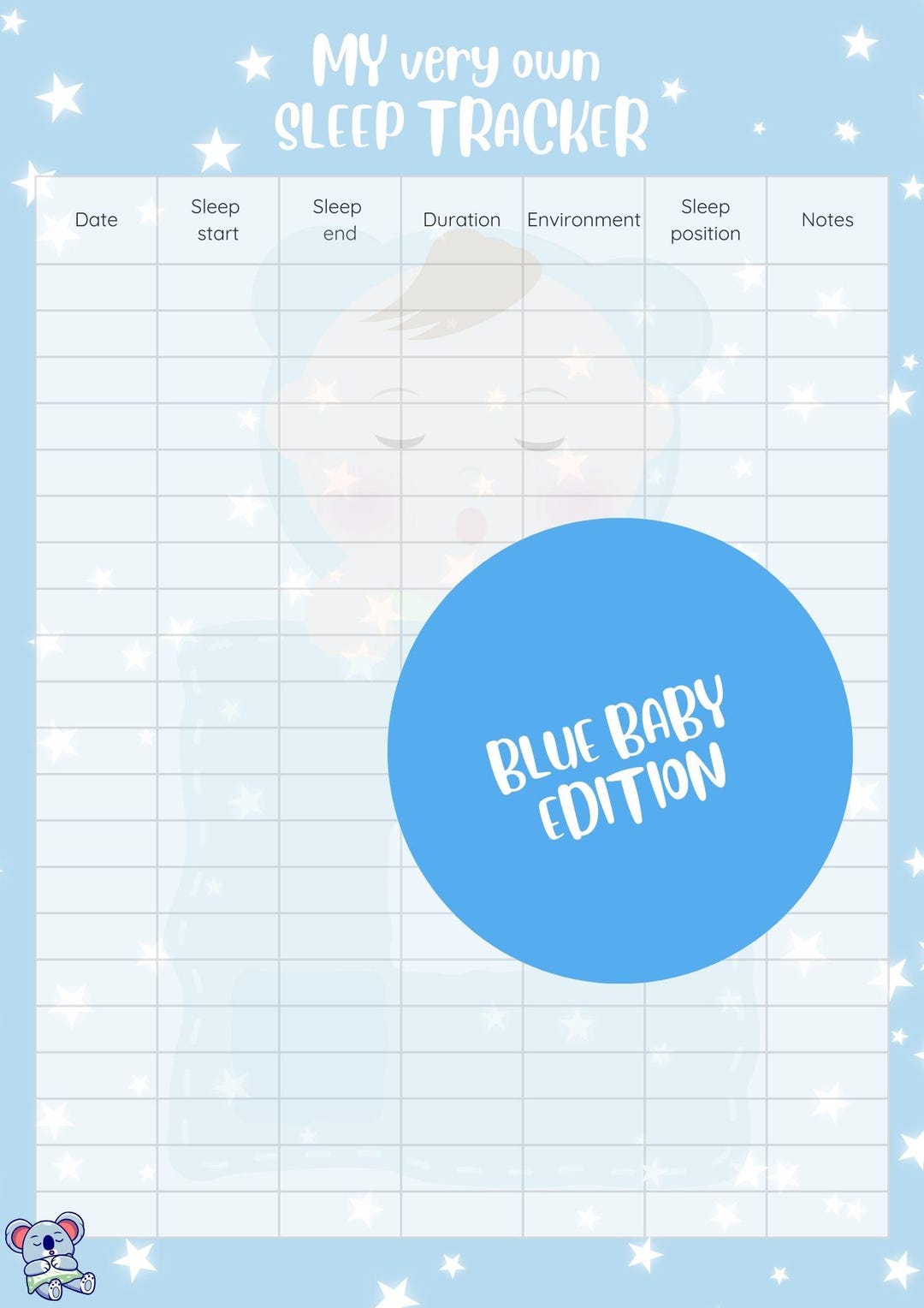 Blue Baby Sleep Tracker: Printable Newborn Sleep Log (PDF & PNG) - Etsy