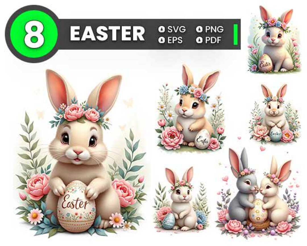 Easter Bunny Clipart Bundle - Cute Easter PNG Graphics for Sublimation ...