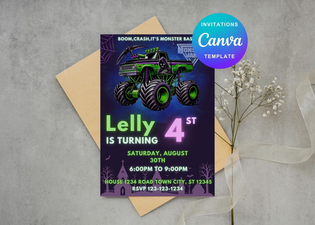 Editable Hot Monster Truck Birthday Invitation, Wheels Monster Truck ...