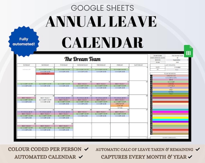 Employee Vacation Tracker Annual Leave Tracker Google Sheets Calendar ...