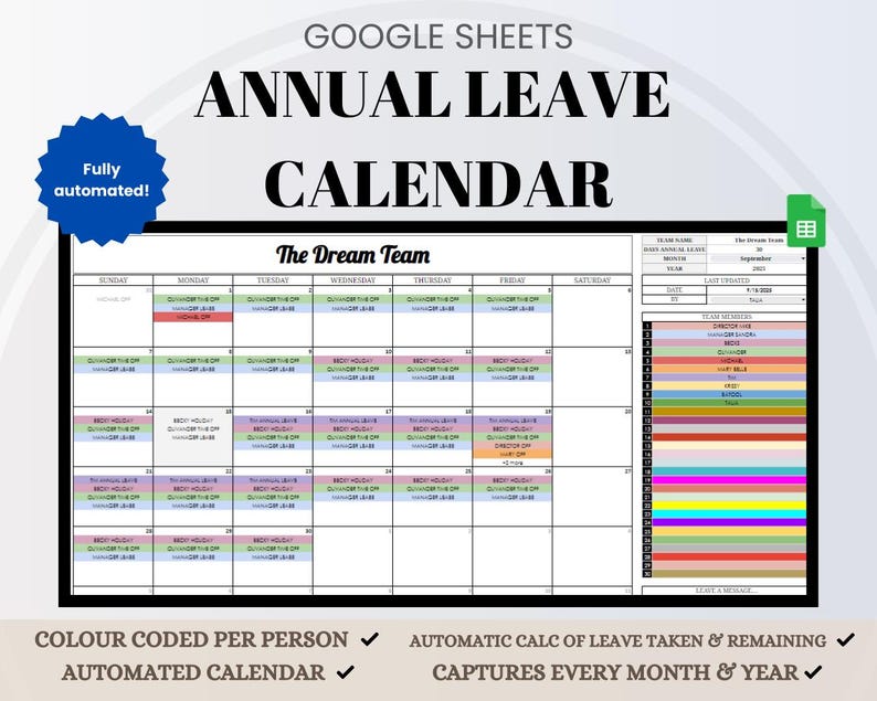 Employee Vacation Tracker Annual Leave Tracker Google Sheets Calendar ...