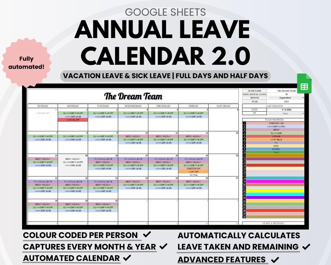 Advanced Employee Vacation Tracker Annual Leave Tracker Google Sheets ...