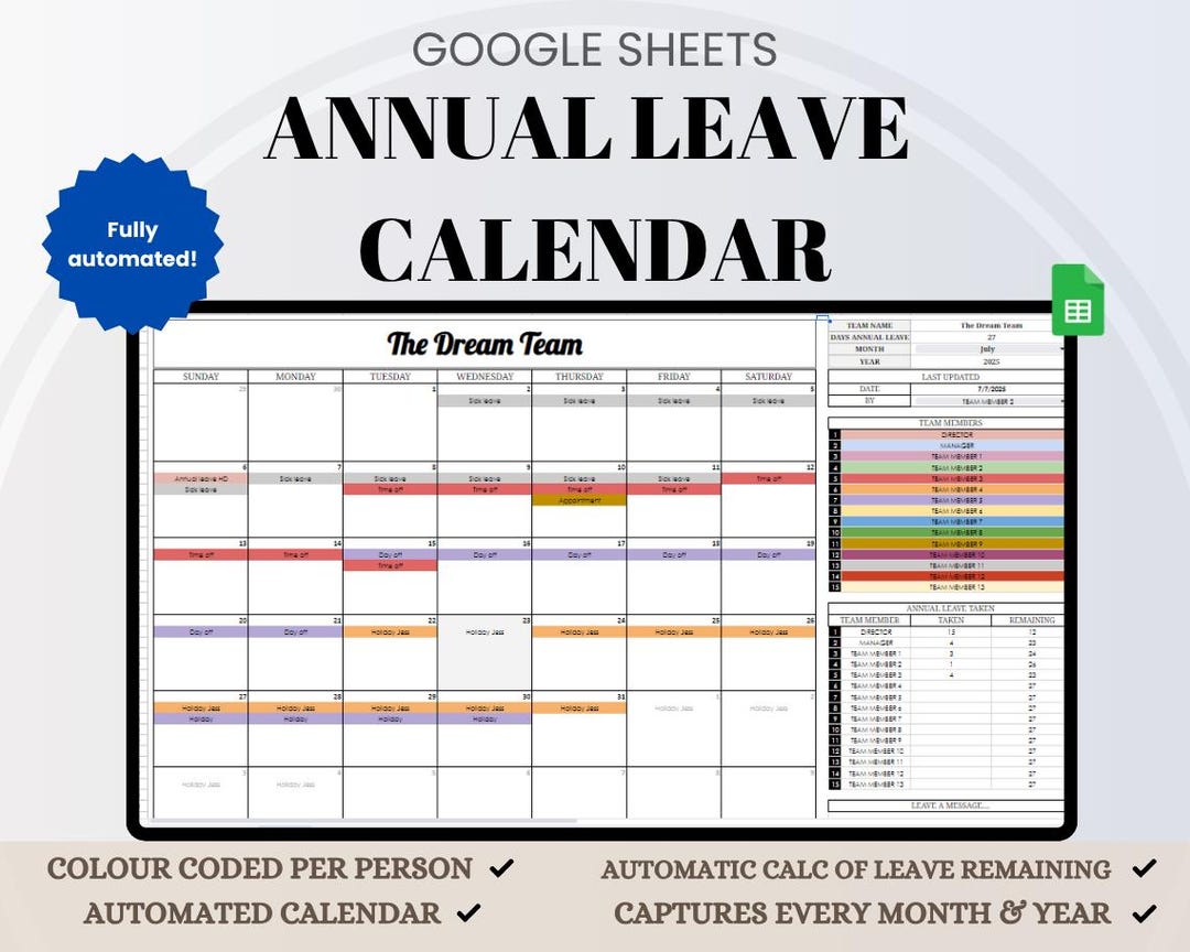 Employee Annual Leave and Vacation Tracker Calendar Spreadsheet ...