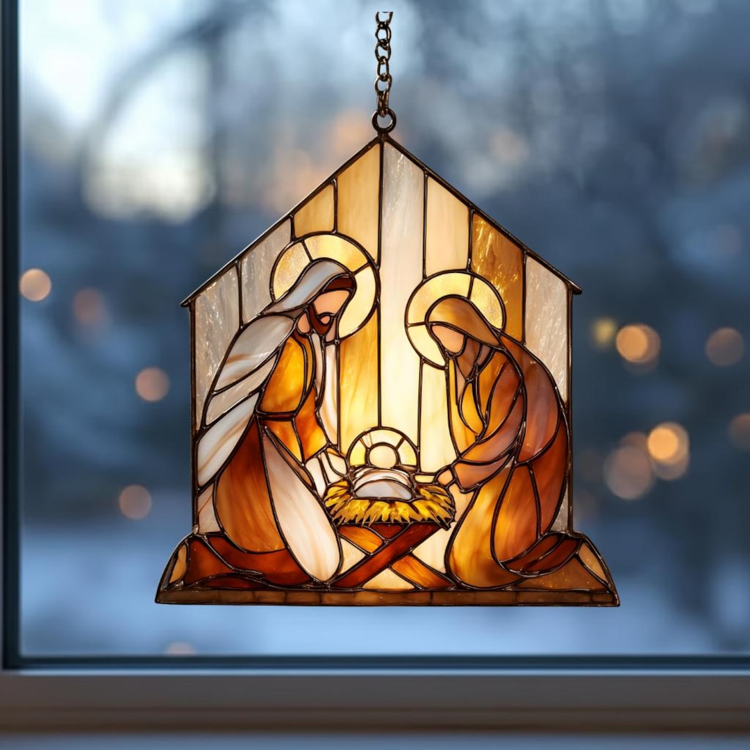 Christmas Nativity Stained Glass Panel, Window Suncatcher Religious ...