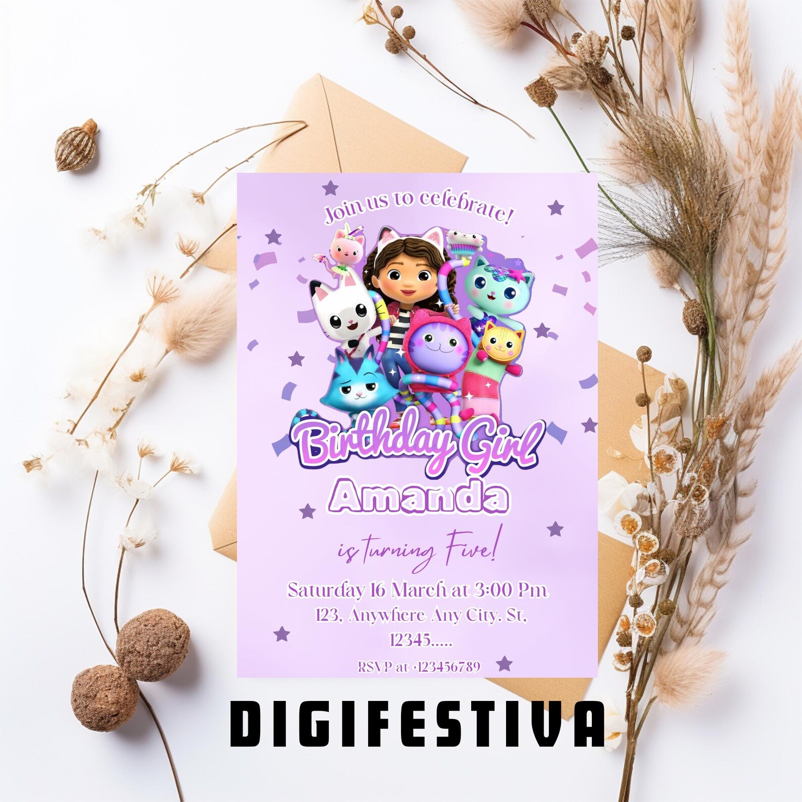 Gabbys Dollhouse Birthday Invitation, Digital Gabby Dollhouse ...