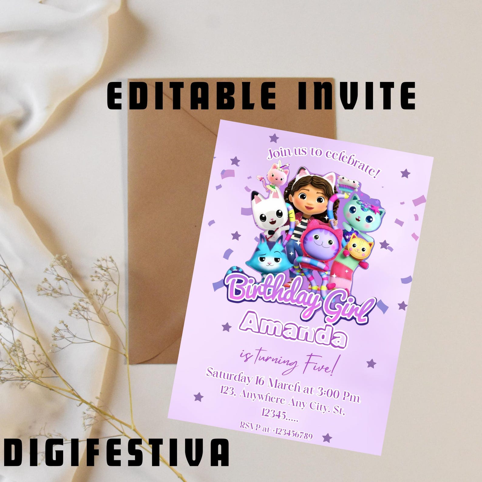 Gabbys Dollhouse Birthday Invitation, Digital Gabby Dollhouse ...