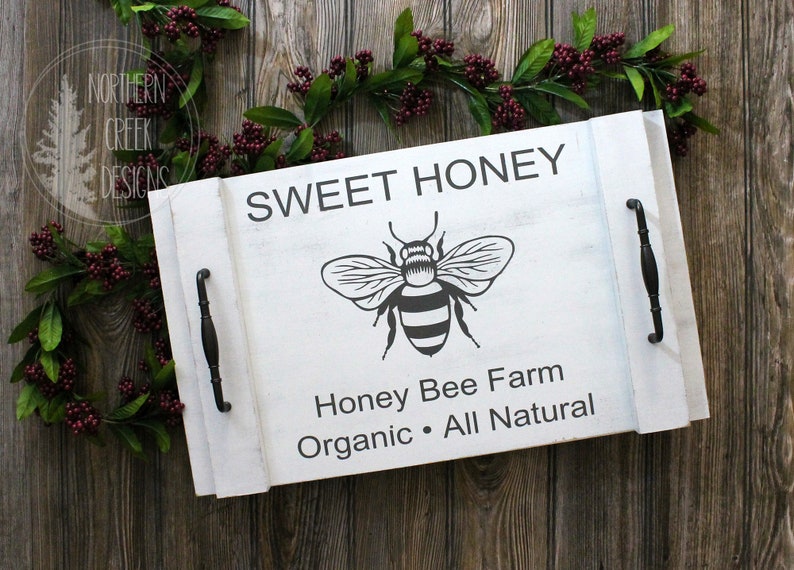 Bee Serving Tray With Handles | Rustic Wood Serving Tray | Bee Decor ...
