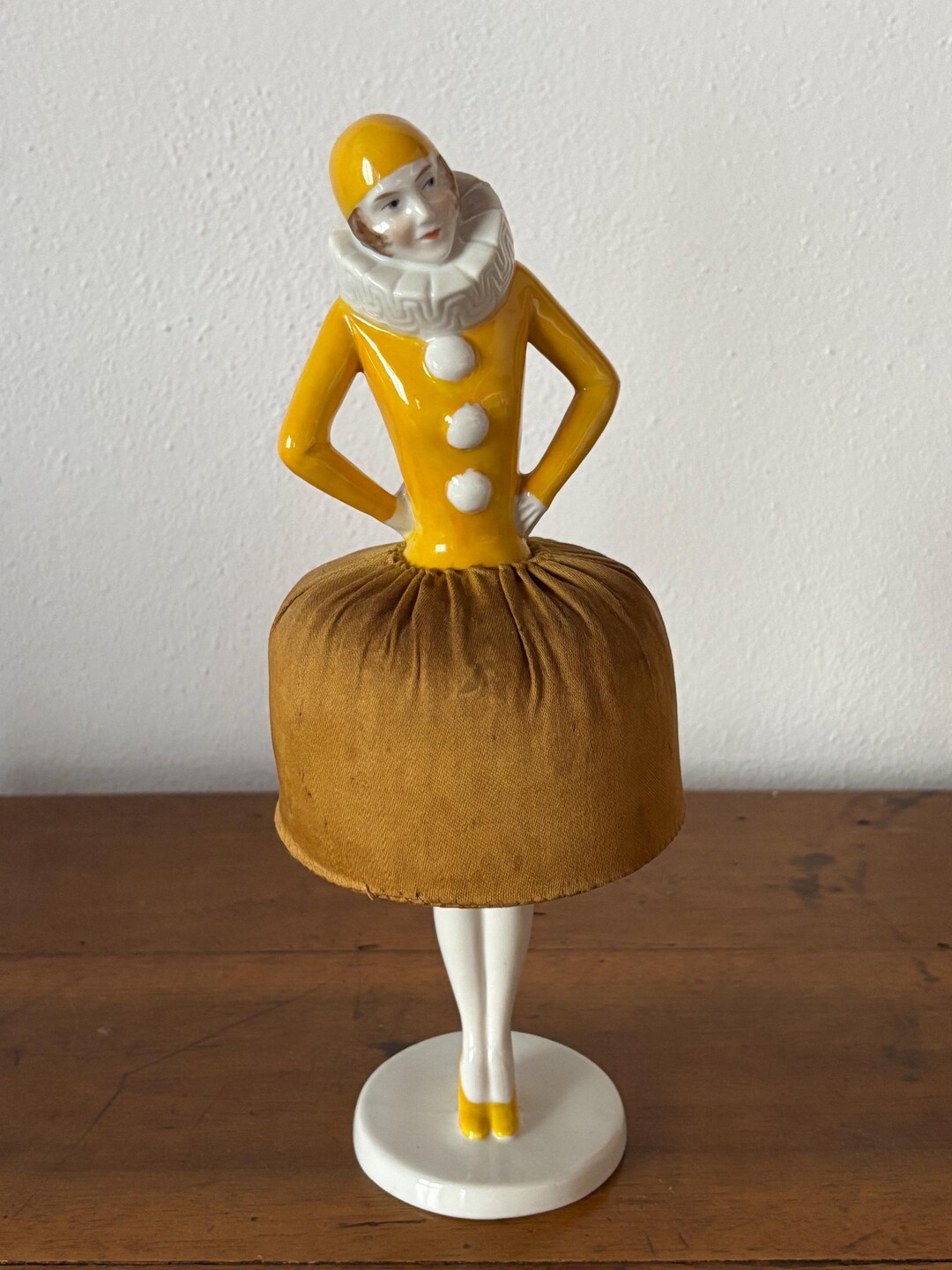 Vintage Yellow Pierrot Pin Holder Figurine in Porcelain and Fabric ...