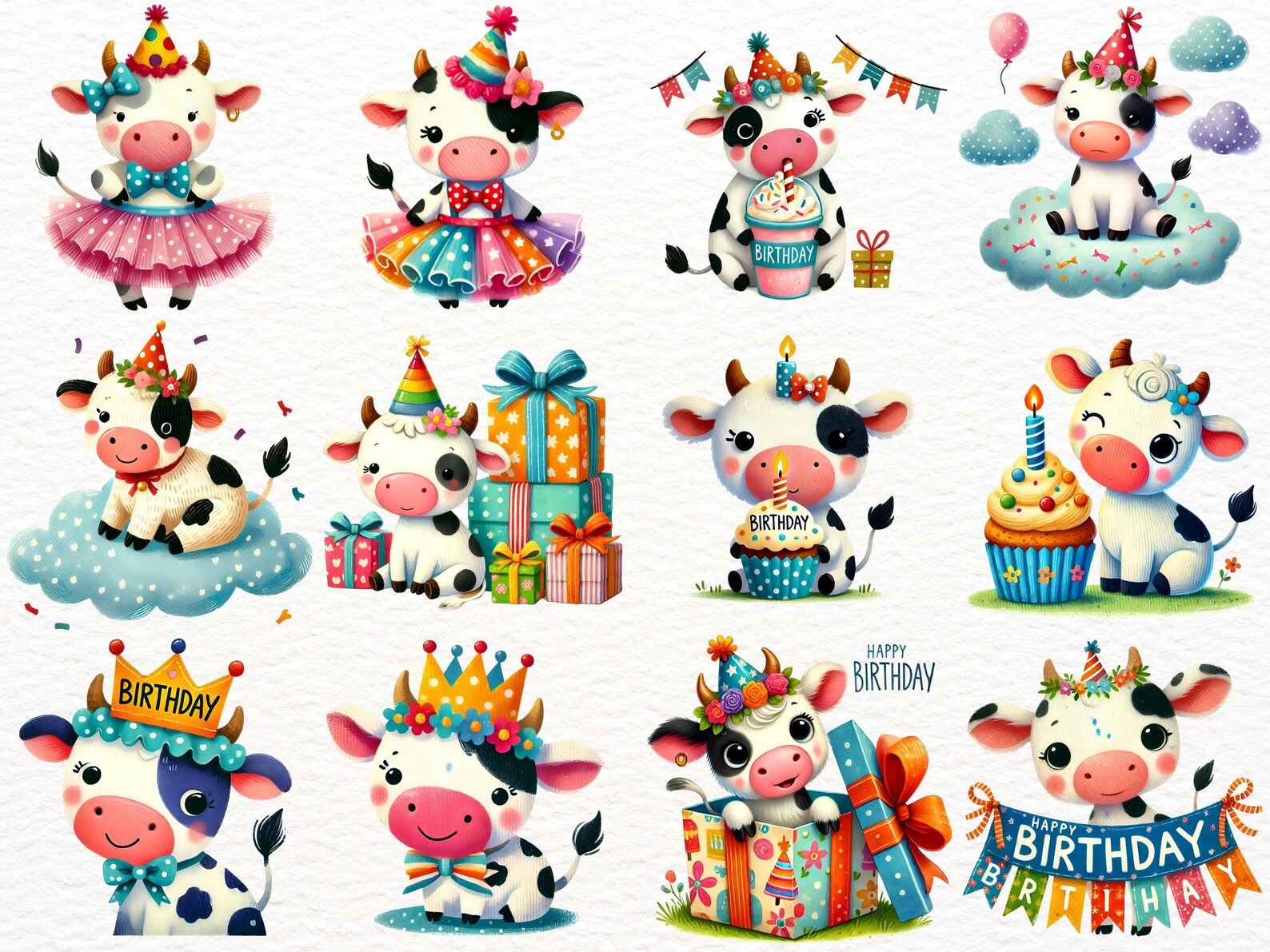 Watercolor Cow Birthday Clipart Set: Farm Theme (digital Download) - Etsy
