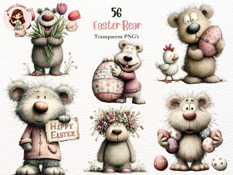 Easter Bear Clipart PNG Bundle, Cute Spring Teddy Bear With Eggs, Baby ...