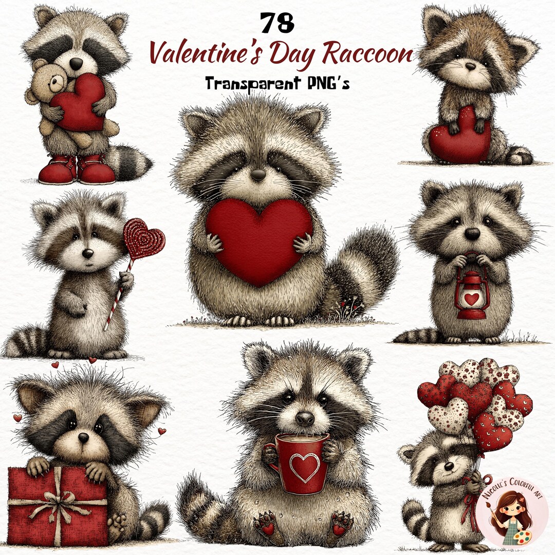 Whimsical Valentine Raccoon Clipart / Cute Valentine's Day Animal PNG ...