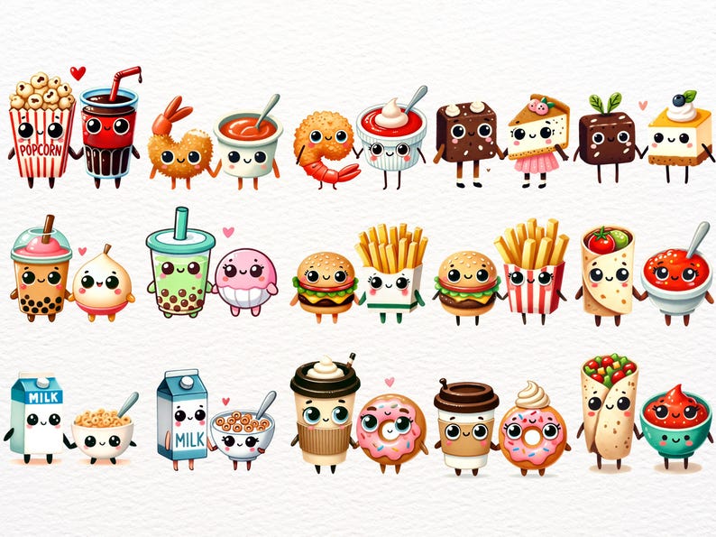 Food Pairs Clipart / Cute Kawaii Food PNG / Cute Food Couples Clipart ...