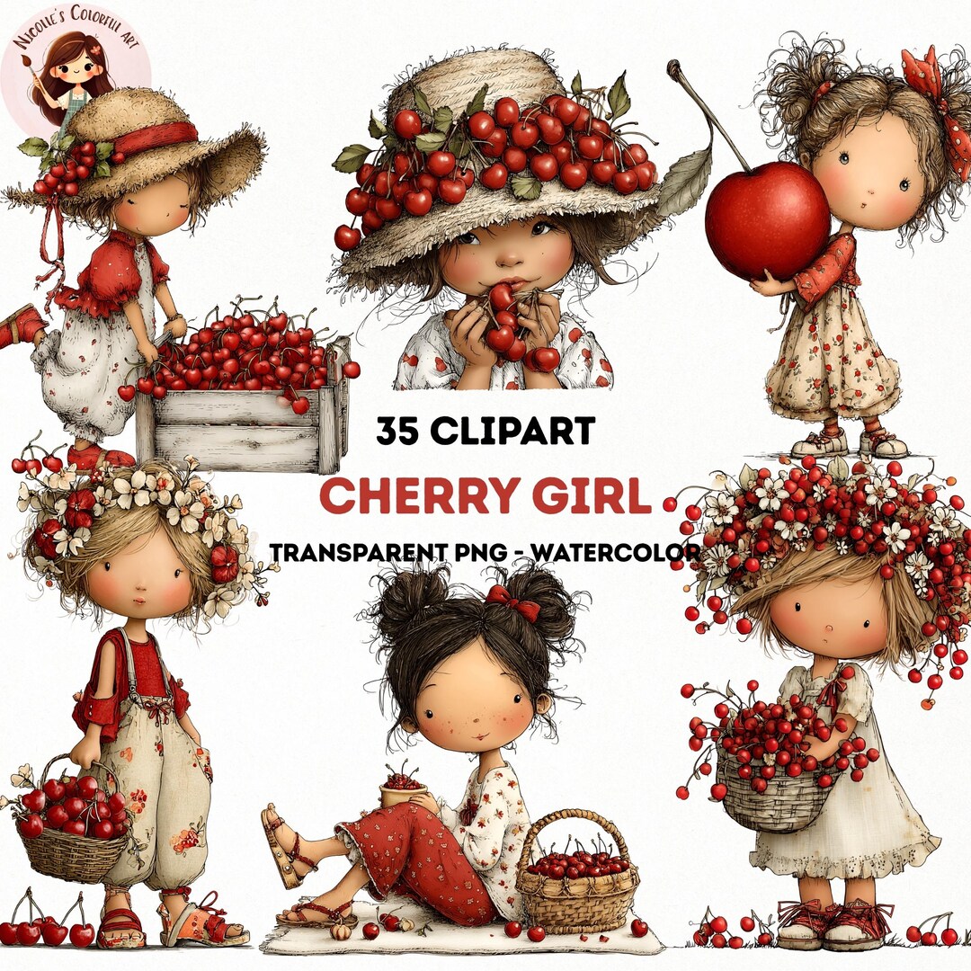 Watercolor Cherry Girl Clipart – Whimsical Summer PNG (digital Download ...