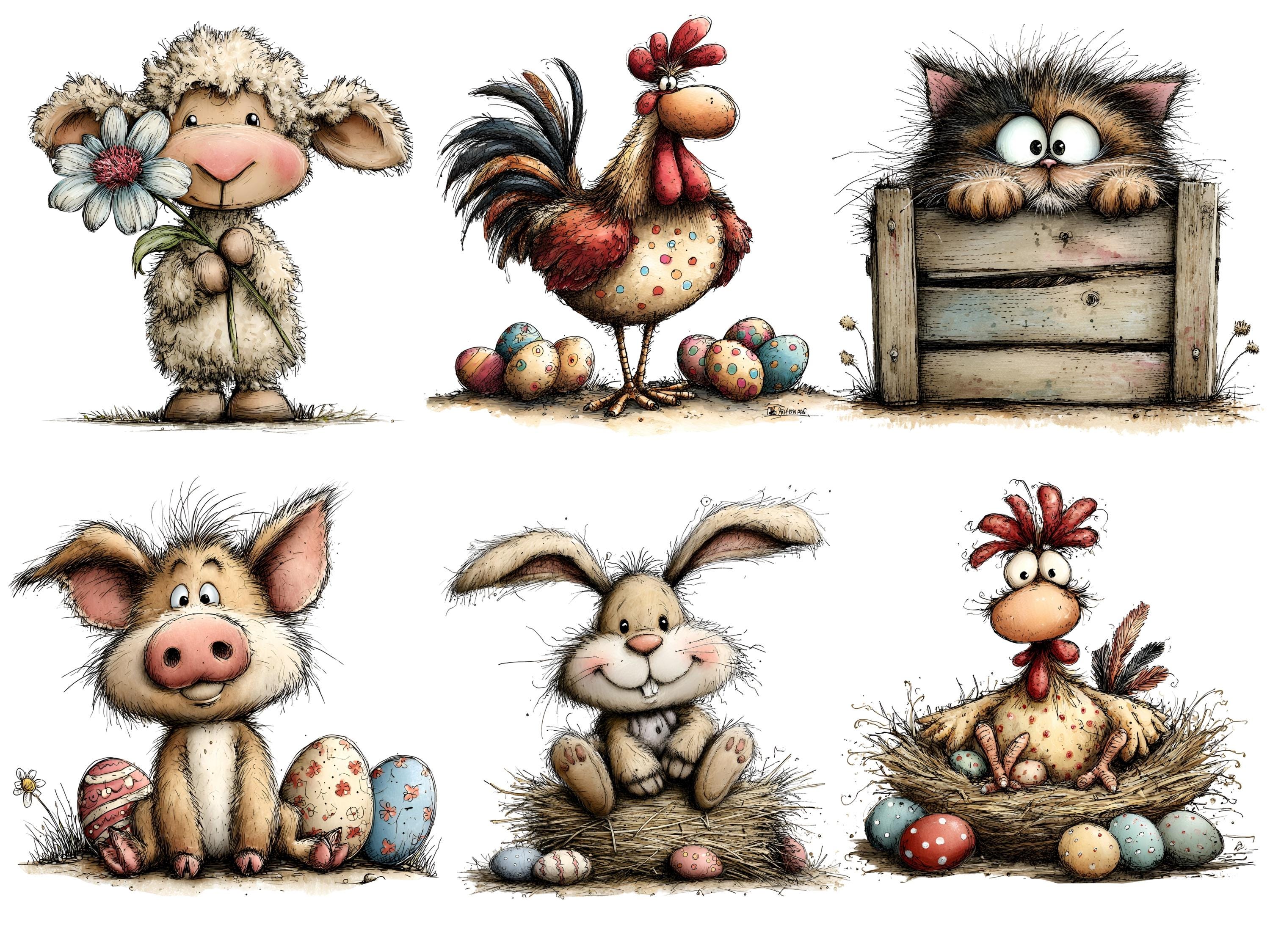 Whimsical Easter Farm Animals Clipart PNG Set, Barnyard Bunny Chick ...