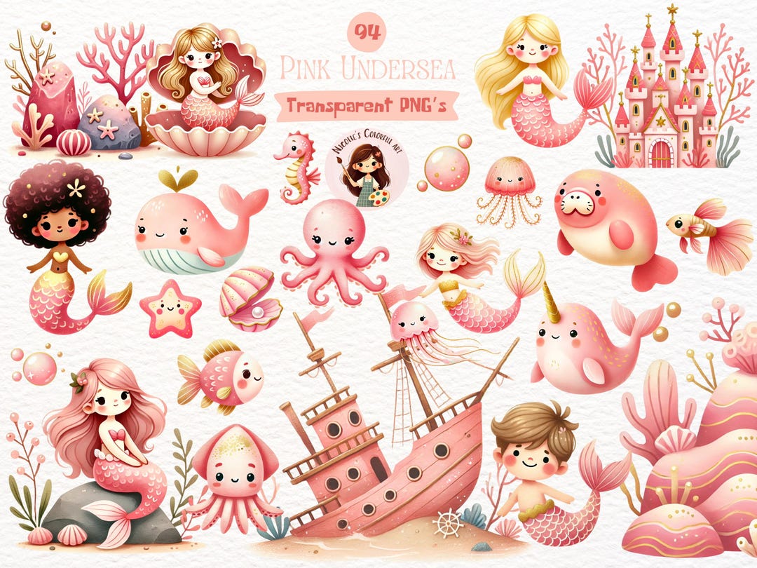 Pink Undersea Watercolor Clipart Bundle / Pink Mermaid Clipart Birthday ...