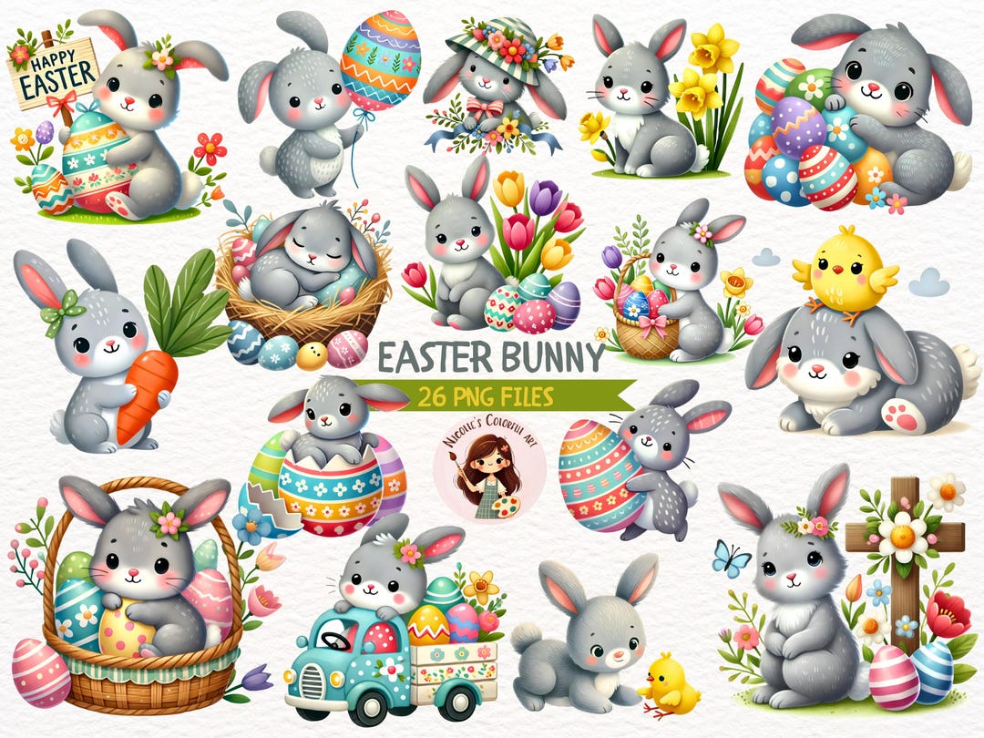 Watercolor Easter Bunny Clipart Set, Bunny With Eggs (digital Download ...
