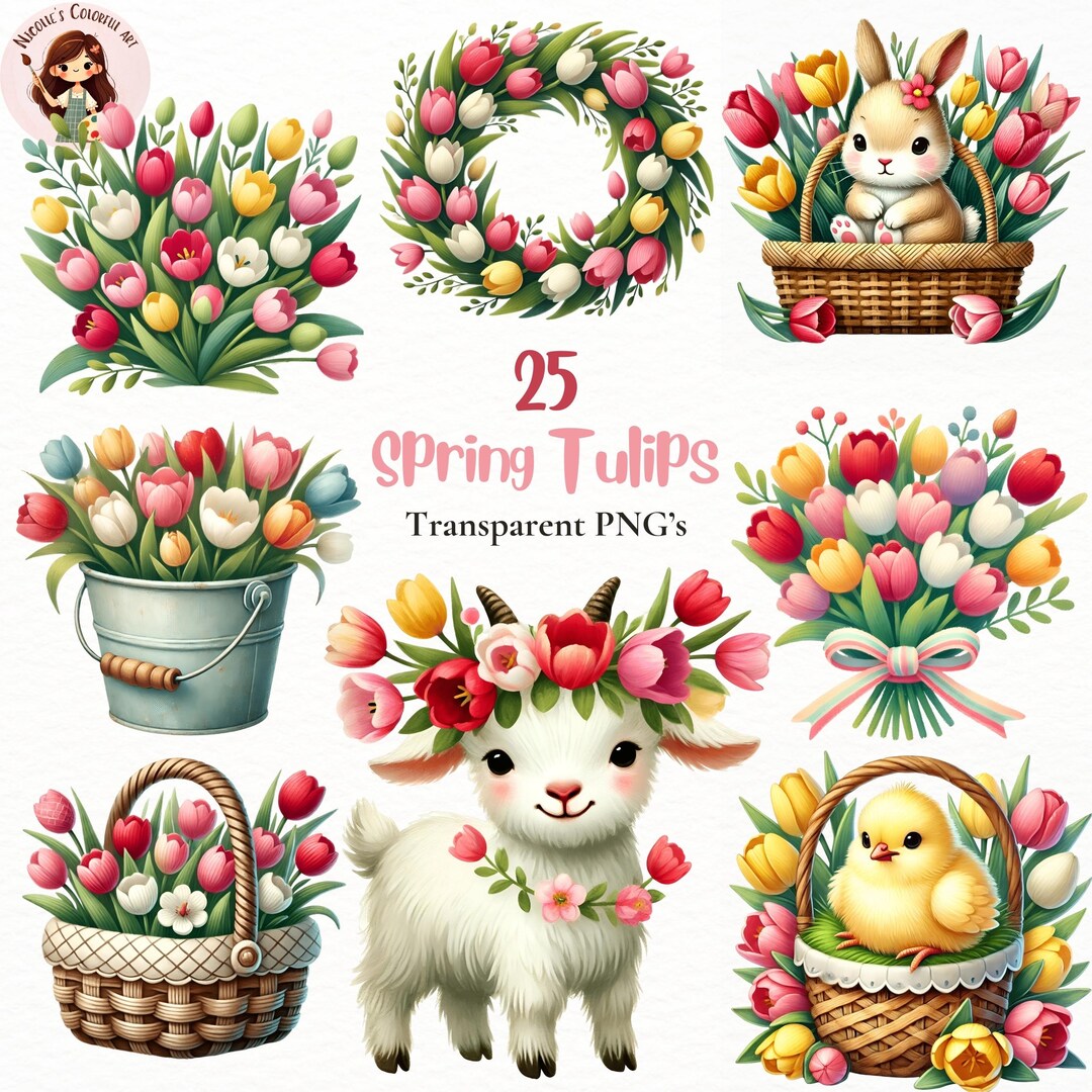 25 Spring Tulips PNG Clipart Bundle, Farmhouse Floral Spring Set ...