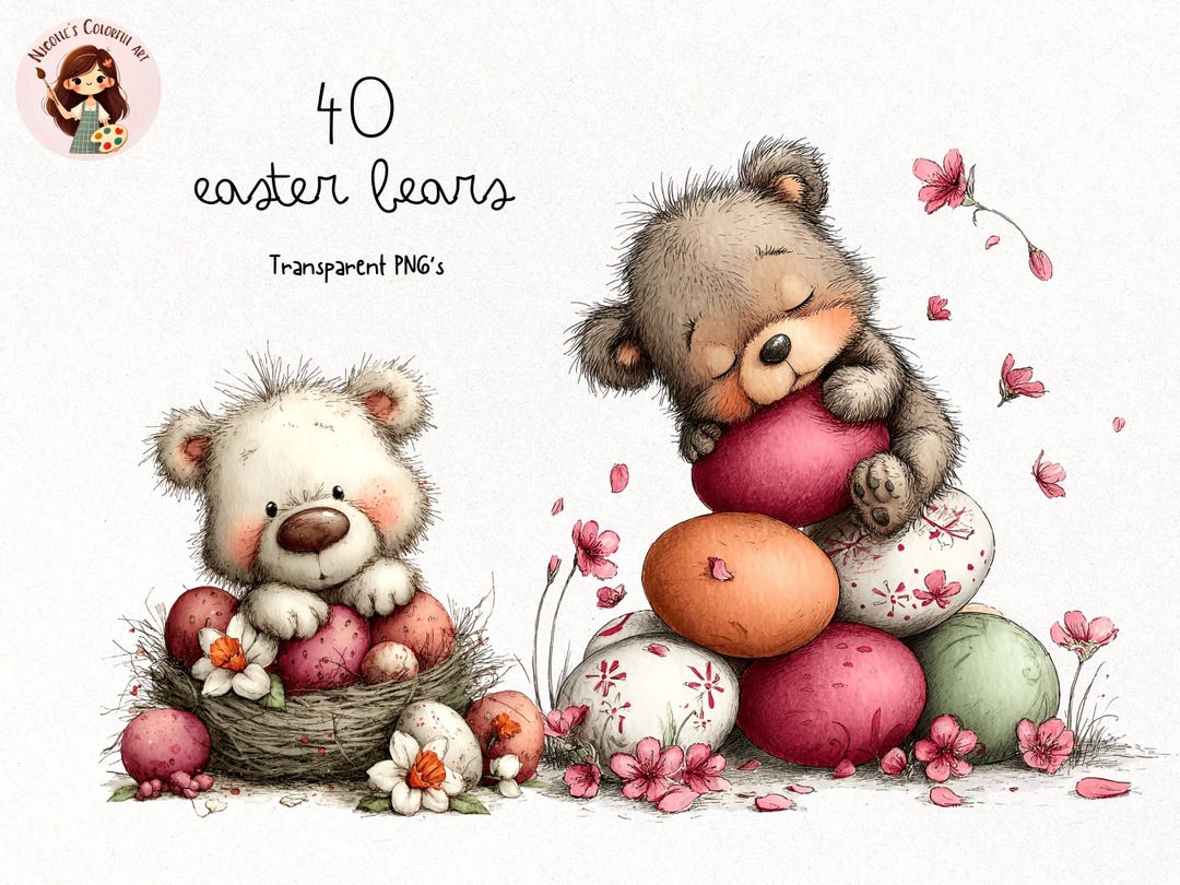 Easter Bear Clipart PNG Bundle, Spring Teddy Bear With Eggs, Flowers ...