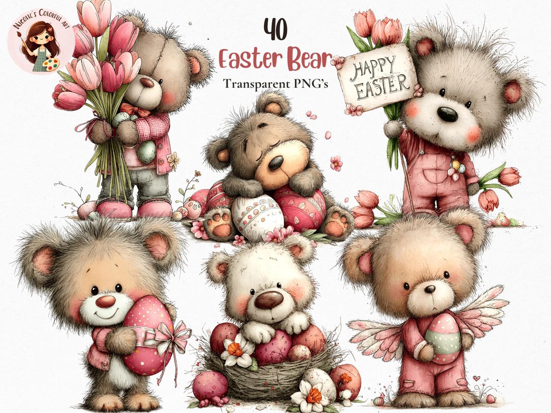 40 Easter Bear Clipart PNG Bundle, Watercolor Teddy Bear Easter Eggs ...