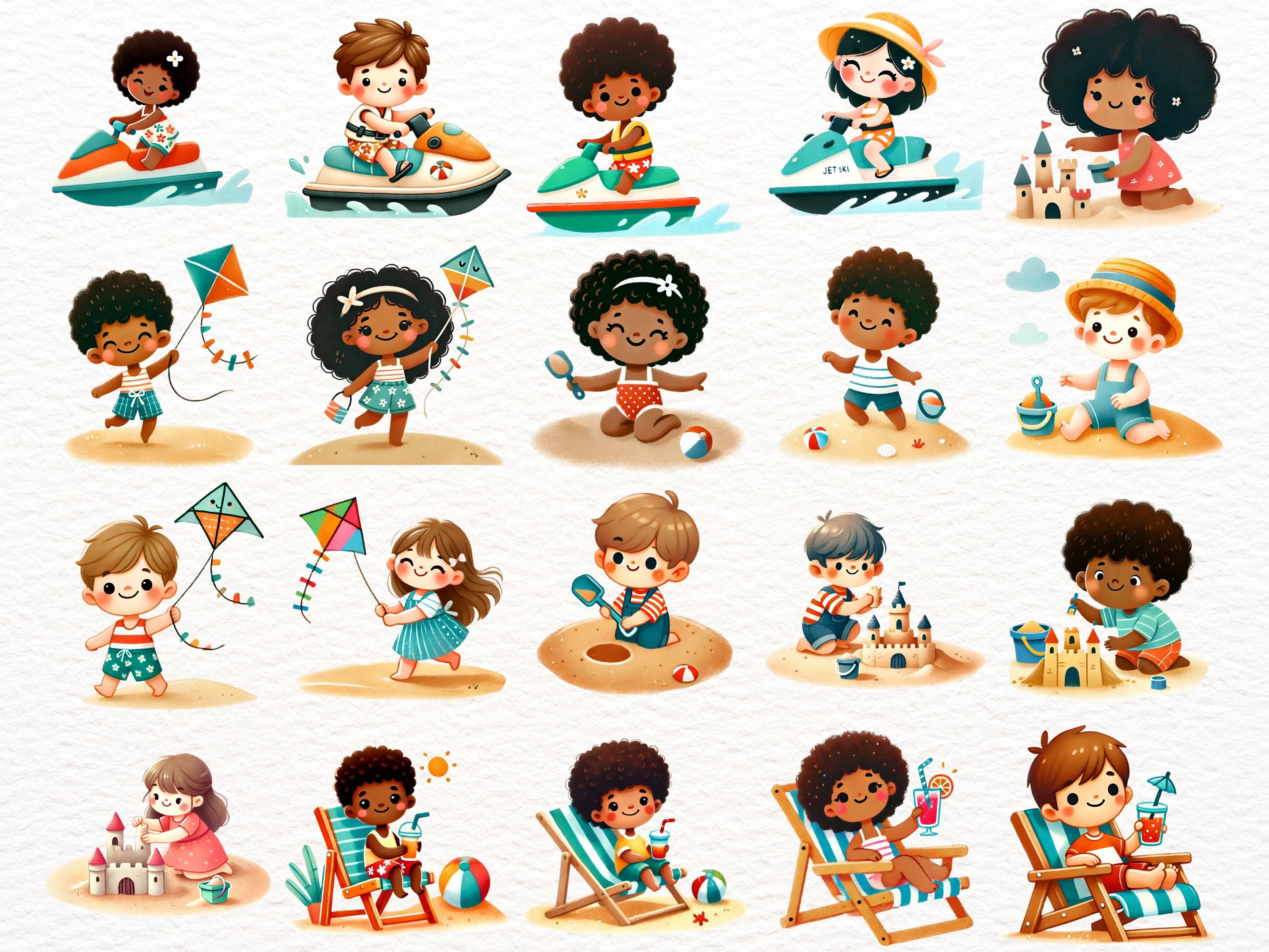 Watercolor Summer Kids Clipart: Beach Vacation PNG (digital Download ...