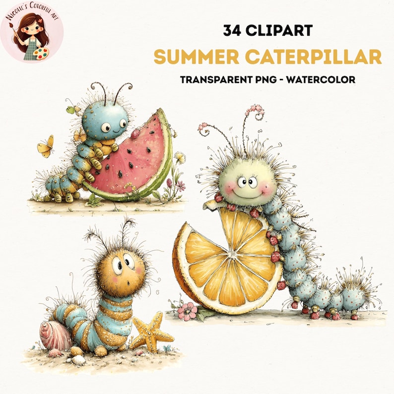 Summer Caterpillar Clipart Bundle | Caterpillar With Fruit Watercolor ...