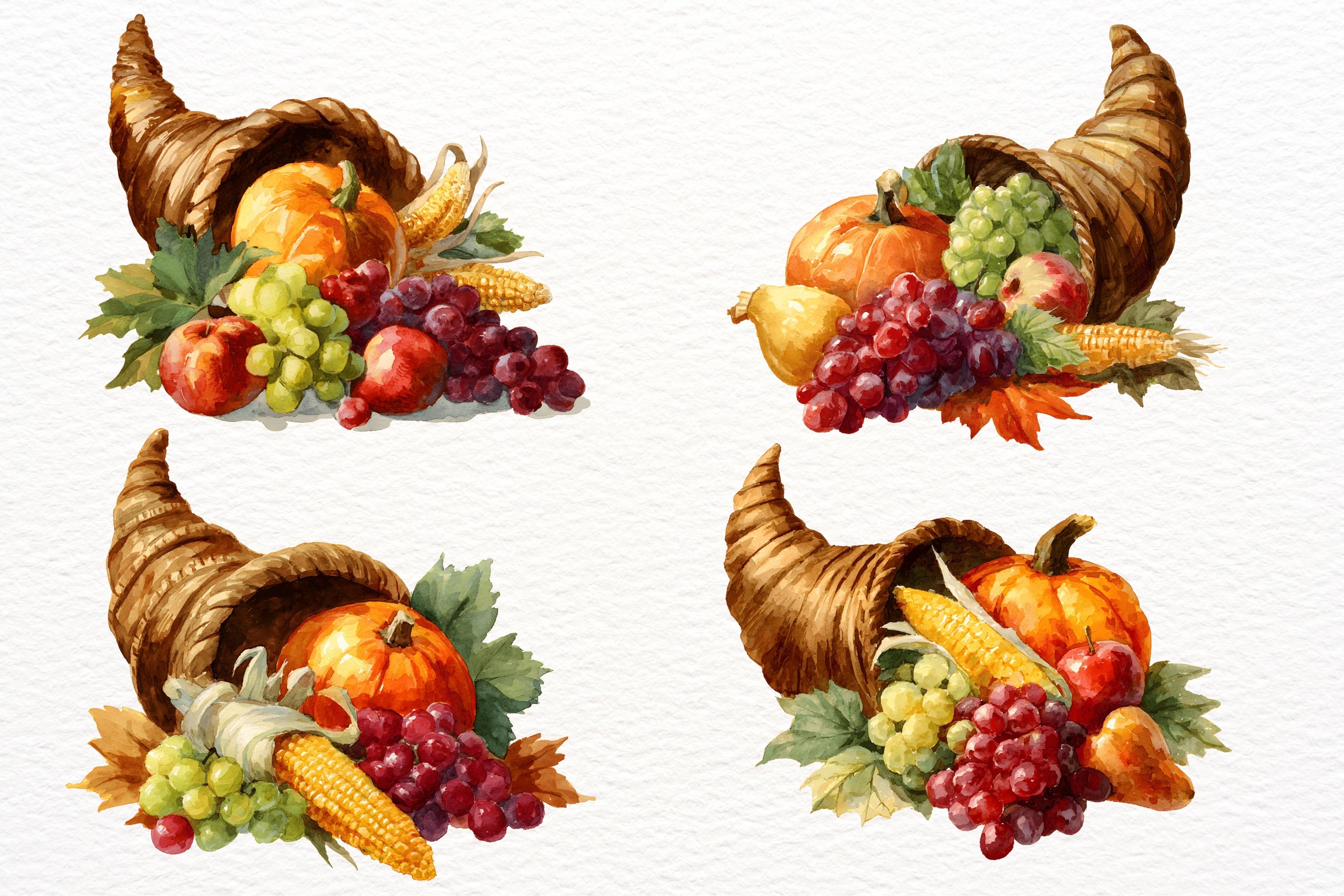 Thanksgiving Cornucopia PNG Clipart Bundle / Fall Harvest Watercolor ...