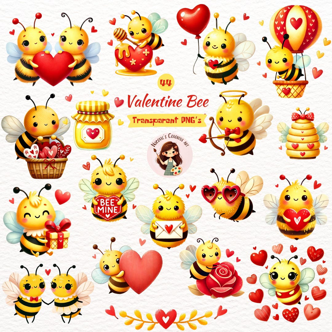 Watercolor Valentine Bumble Bee PNG / Cute Valentine Bee PNG Bundle ...
