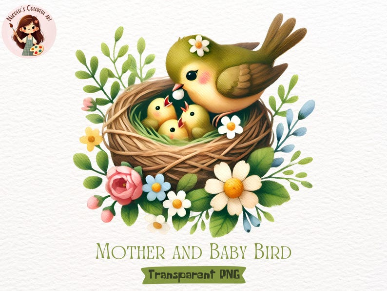 Mama and Baby Birds Watercolor Clipart: Mother's Day PNG (digital ...
