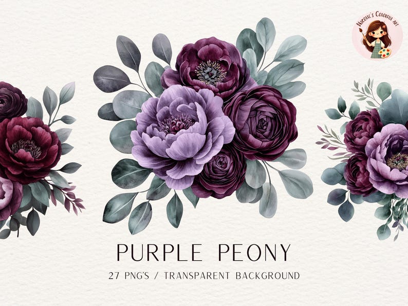 Watercolor Purple Peony Clipart: Floral PNG Bundle (digital Download ...