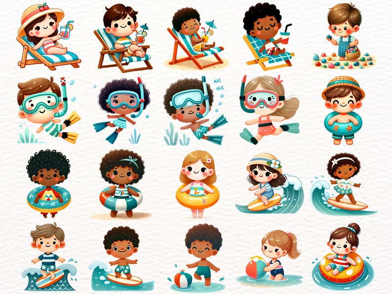 Watercolor Summer Kids Clipart: Beach Vacation PNG (digital Download ...