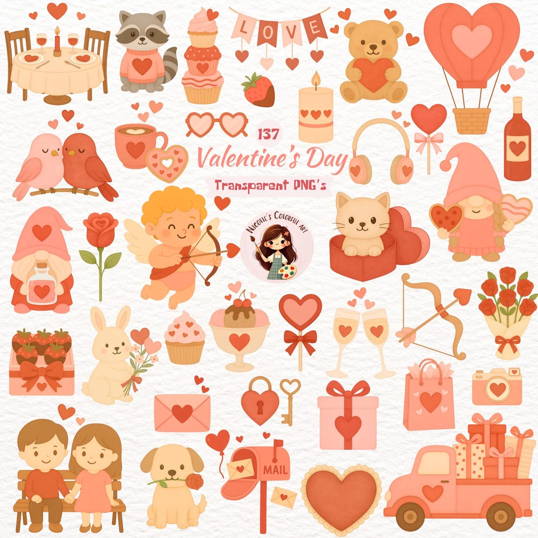 Watercolor Valentine's Day Clipart Bundle - Valentine Animals Clipart ...