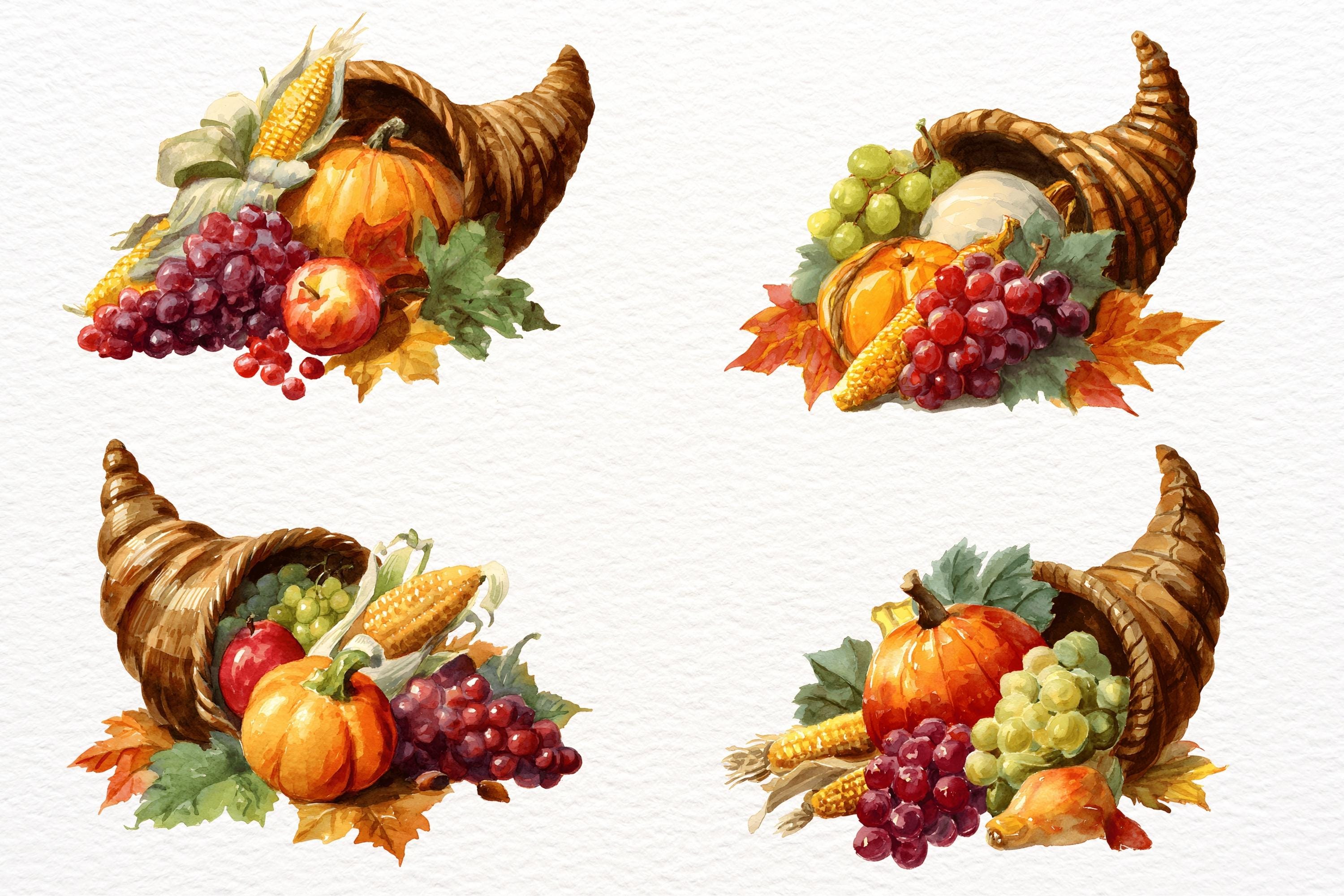 Thanksgiving Cornucopia PNG Clipart Bundle / Fall Harvest Watercolor ...