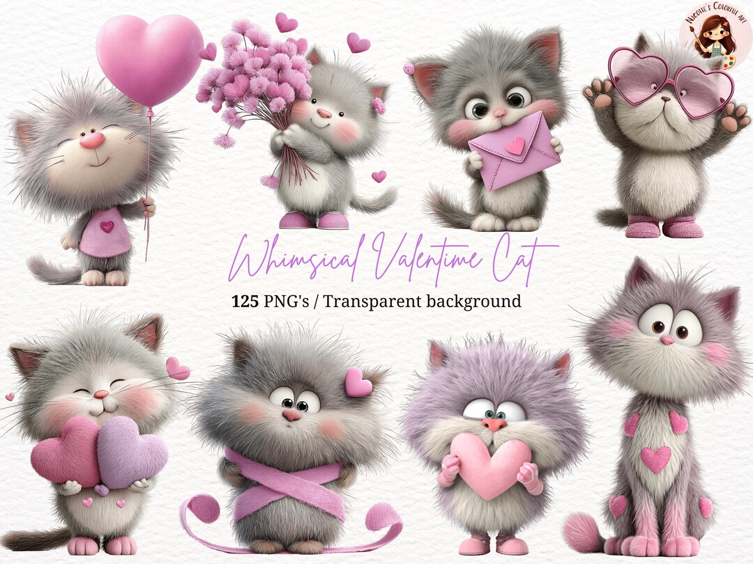 Valentine Cat Clipart: Whimsical Fluffy Cats With Pink Hearts (125 PNG ...