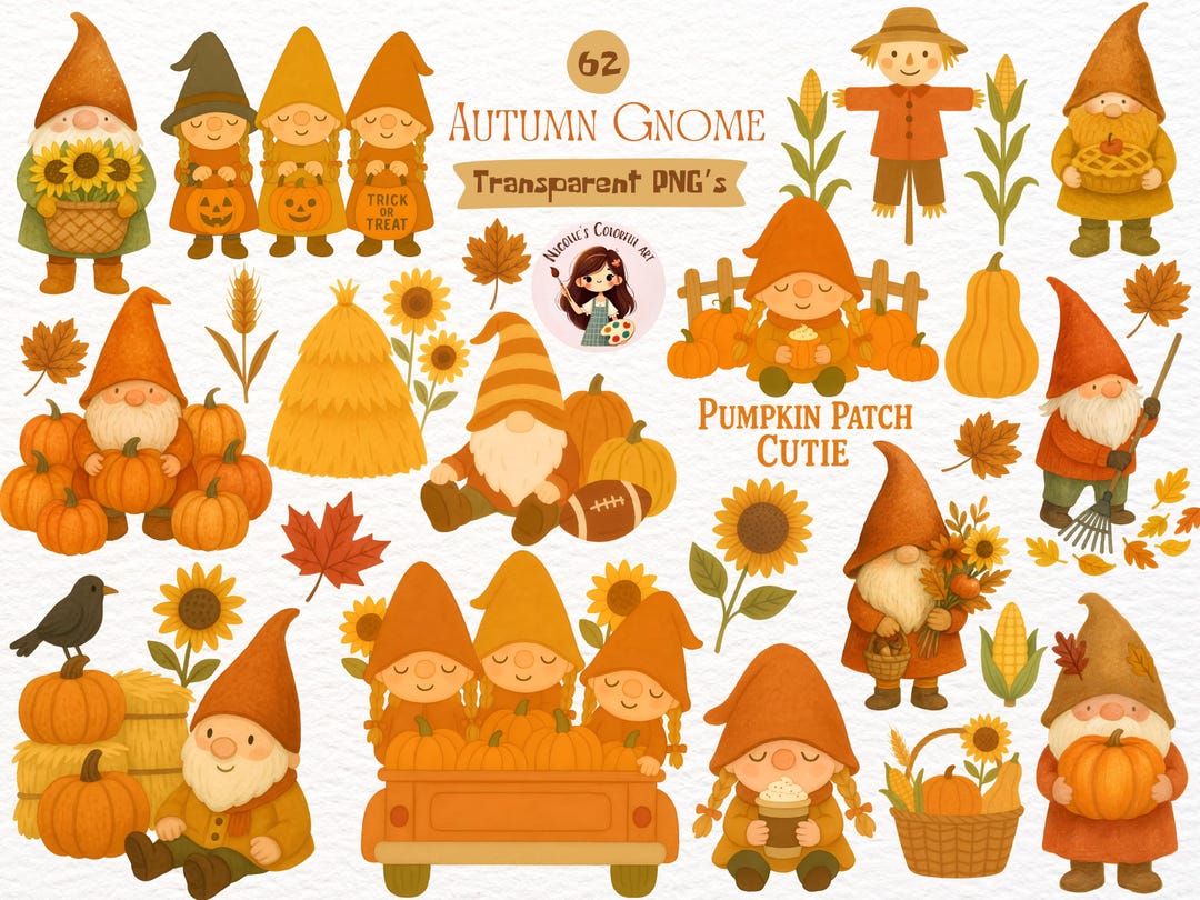 Watercolor Fall Gnome Clipart Bundle: Pumpkin, Halloween (digital ...