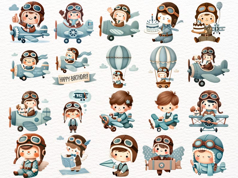 Watercolor Aviator Clipart: Teddy Bear, Airplane, Baby Shower (digital ...
