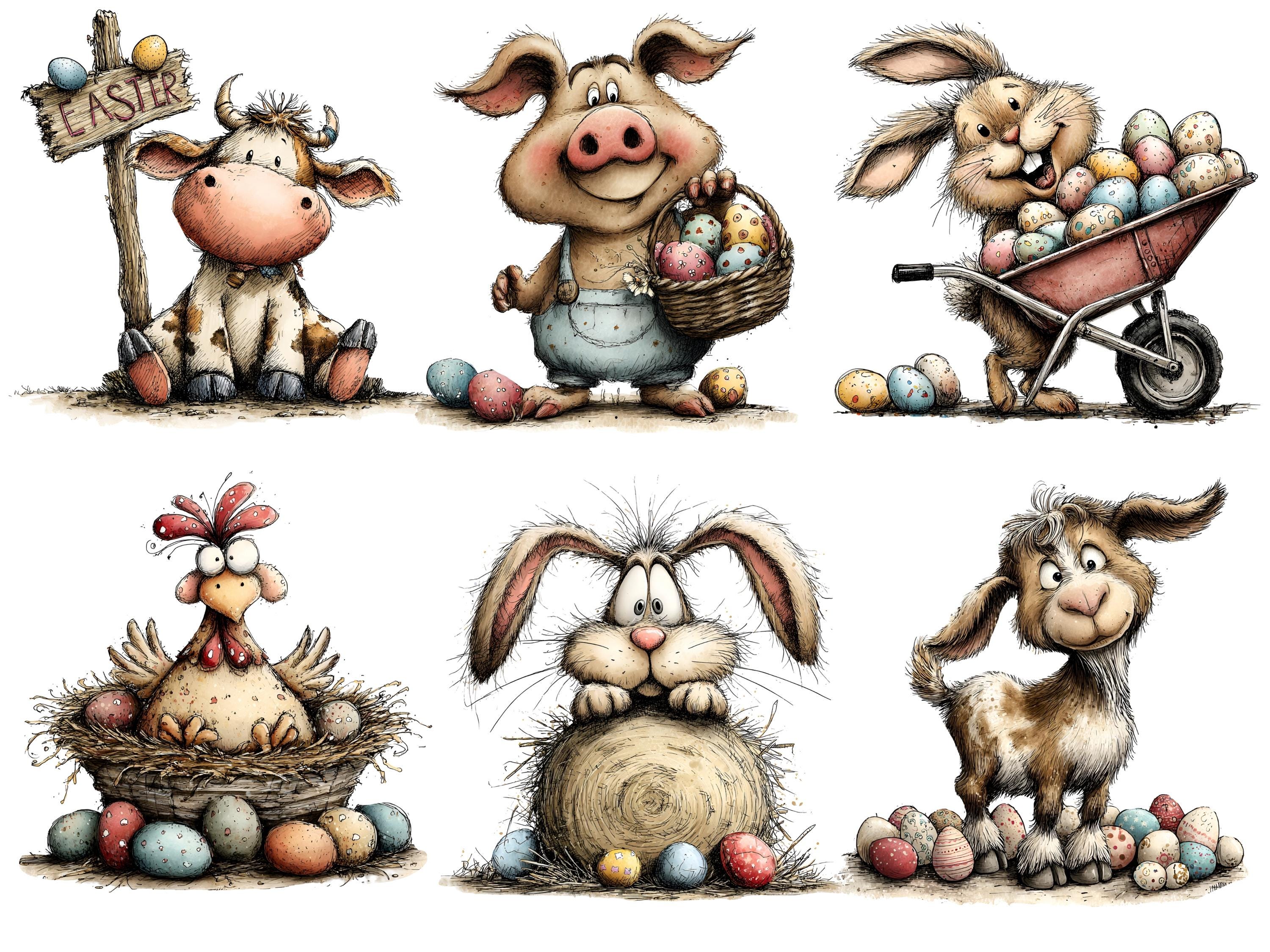 Whimsical Easter Farm Animals Clipart PNG Set, Barnyard Bunny Chick ...