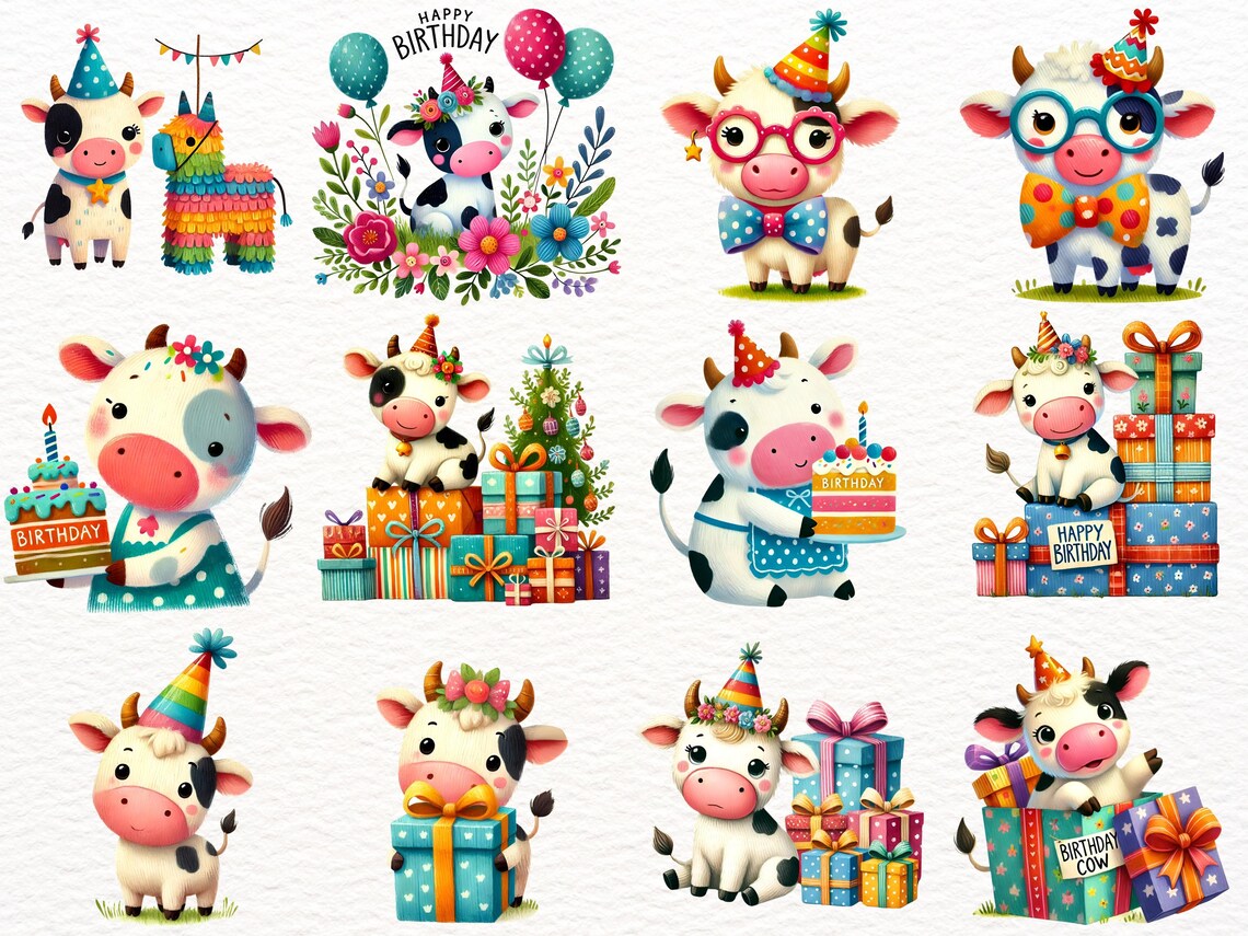 Watercolor Cow Birthday Clipart Set: Farm Theme (digital Download) - Etsy