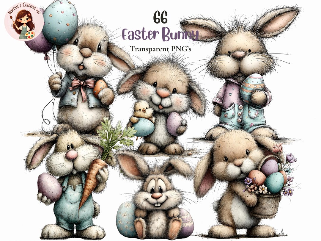 66 Whimsical Easter Bunny Clipart PNG Bundle (digital Download) - Etsy