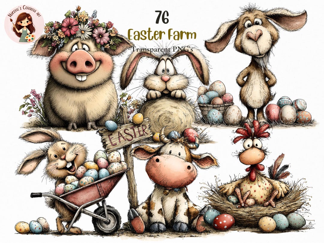 Whimsical Easter Farm Animals Clipart PNG Set, Barnyard Bunny Chick ...