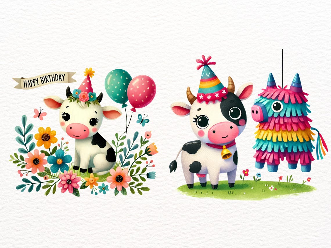 Watercolor Cow Birthday Clipart Set: Farm Theme (digital Download) - Etsy