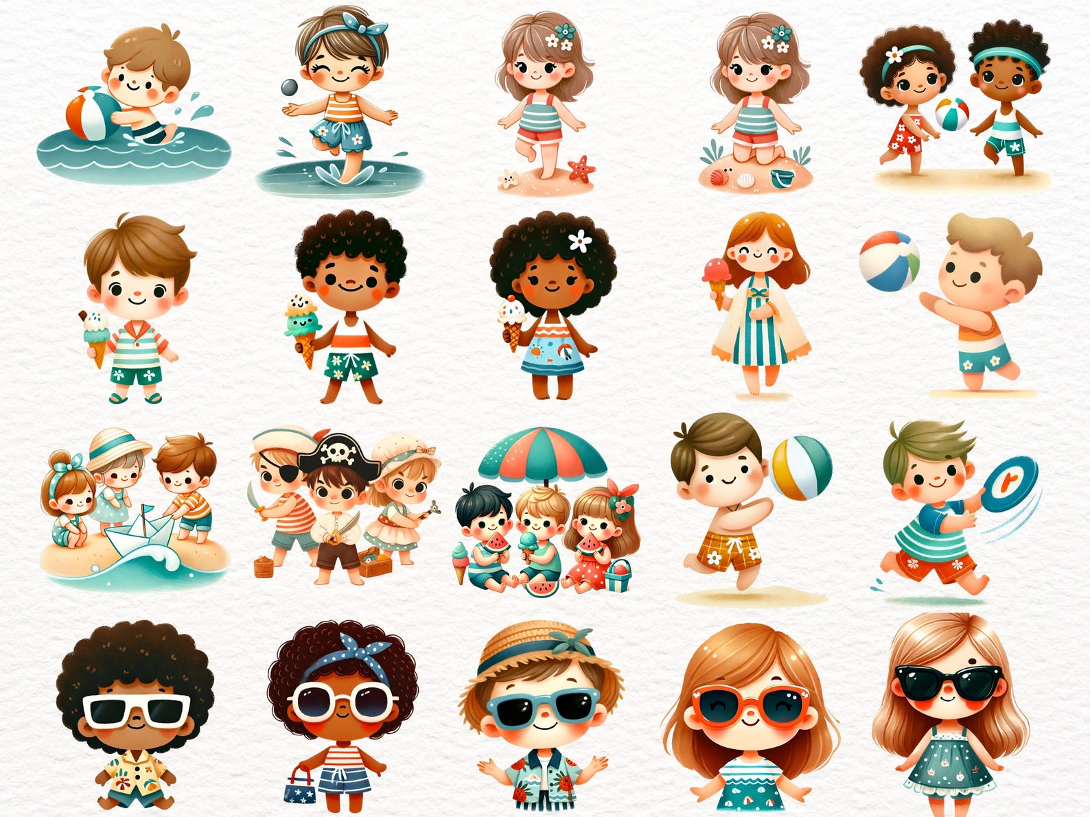 Watercolor Summer Kids Clipart: Beach Vacation PNG (digital Download ...